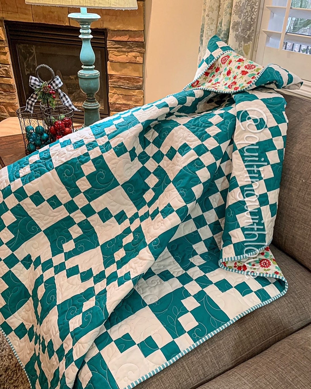 Handmade Quilt, Two Color Quilt, Teal and White Quilt, Farmhouse Quilt ...
