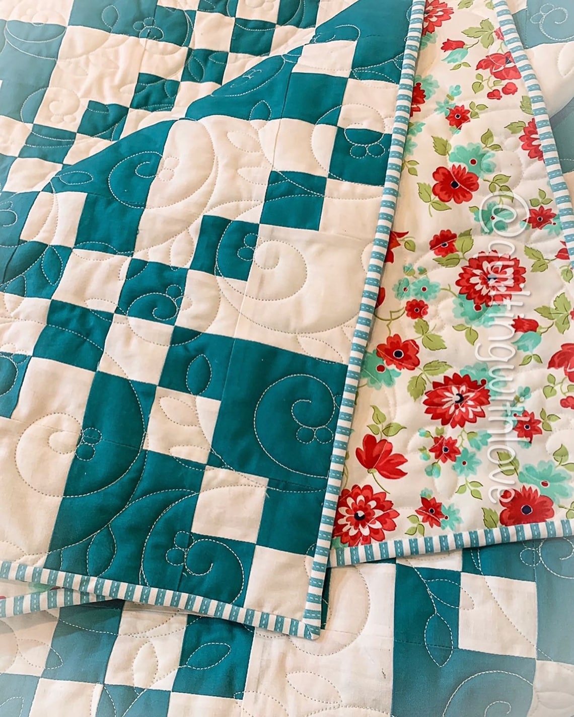 Handmade Quilt, Two Color Quilt, Teal and White Quilt, Farmhouse Quilt ...
