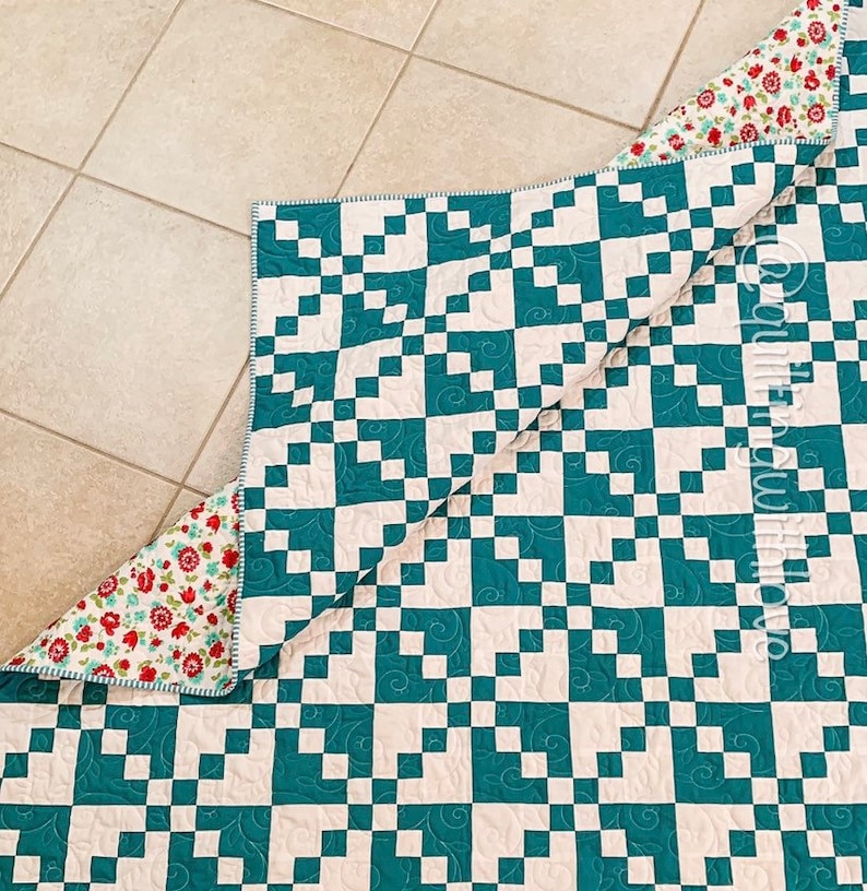 Handmade Quilt, Two Color Quilt, Teal and White Quilt, Farmhouse Quilt ...
