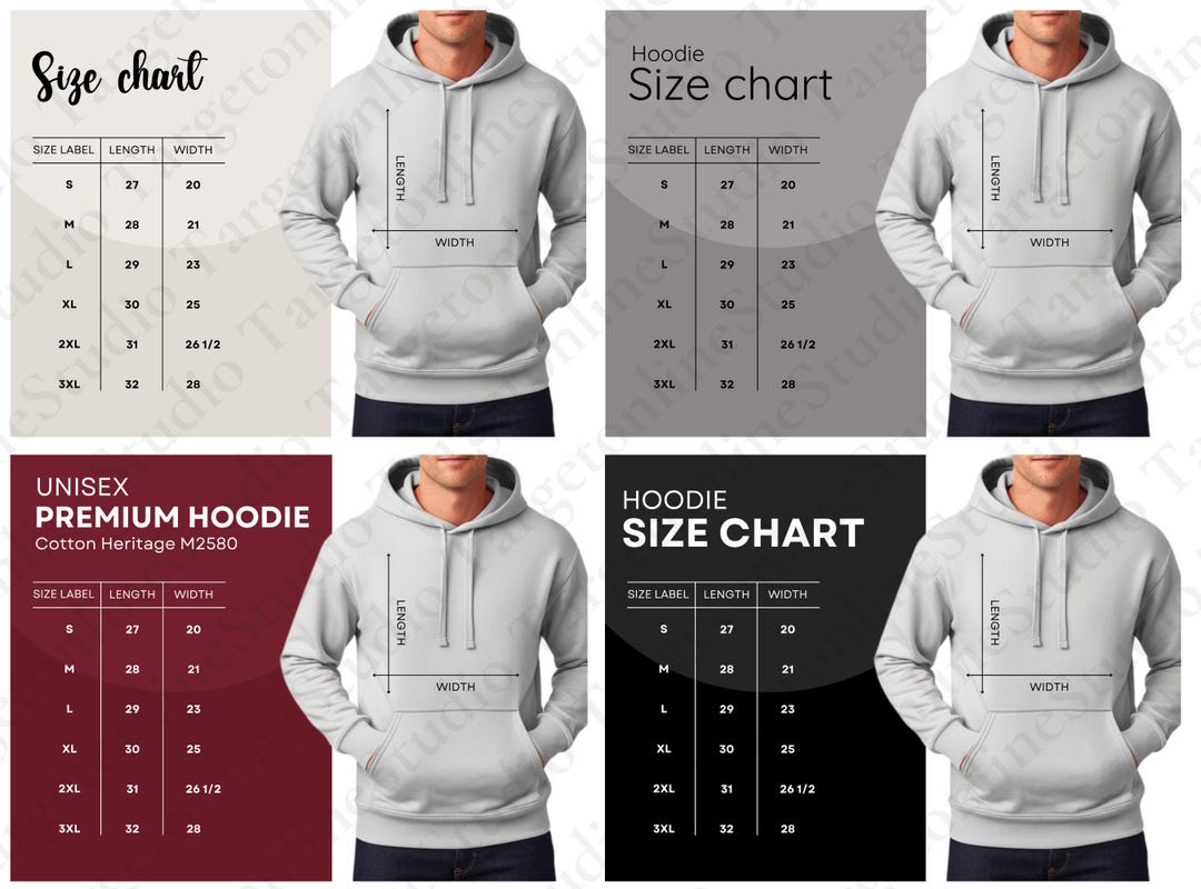 4 Cotton Heritage M2580 Size Charts, Unisex Premium Hoodie Sizing Guide ...