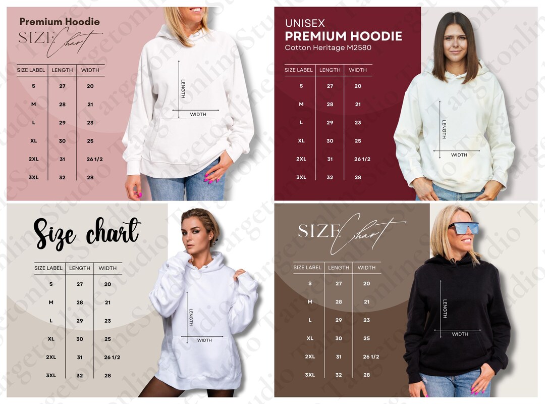 4 Cotton Heritage M2580 Size Charts, Unisex Premium Hoodie Sizing Guide ...