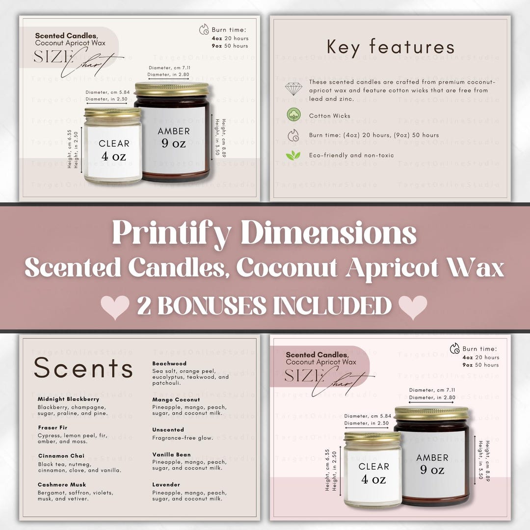 Scented Candle Size Chart: Coconut Apricot Wax, POD Guide (digital Download) - Etsy