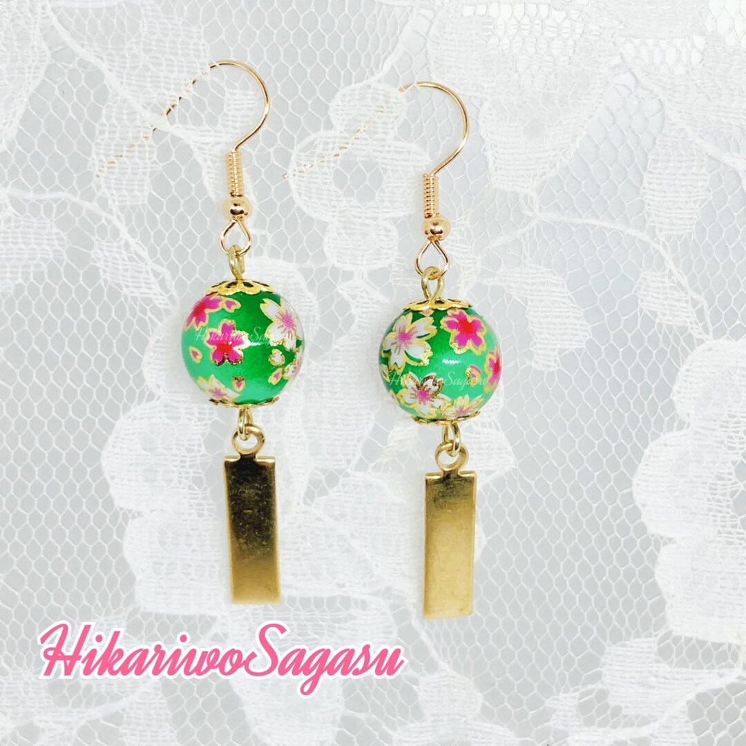 Pink Sakura Jade Green Theme Furin Windchime Earrings - Etsy