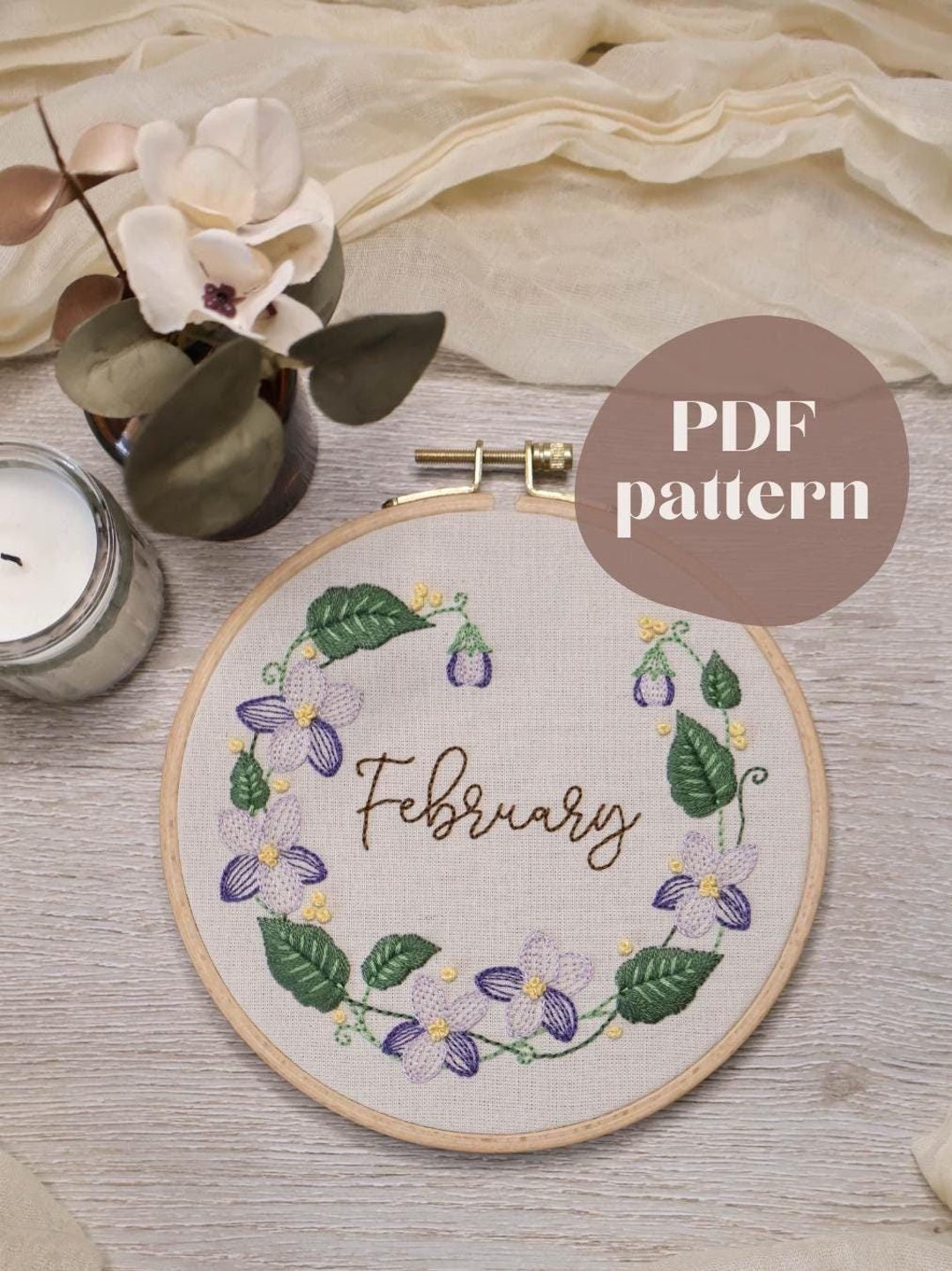 February Birth Flower Embroidery – Violet Wreath Hand Embroidery ...
