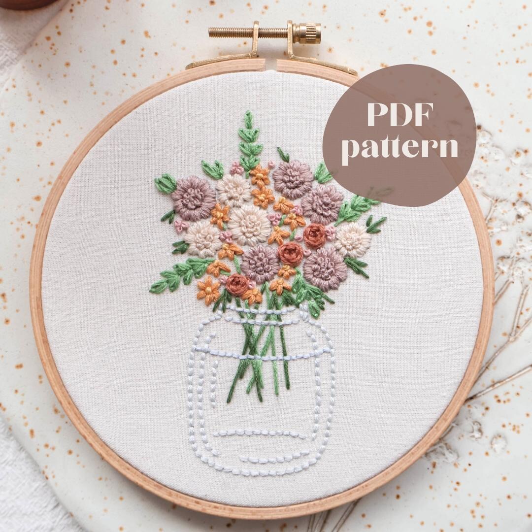Floral Mason Jar Embroidery Pattern: Roses & Spring Bouquet (PDF ...