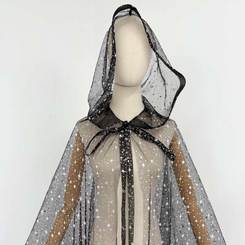 Black Sparkling Starry Hooded Cloak, Glittering Sliver Star Cape, Black Tulle Cape, Witch Magic ...