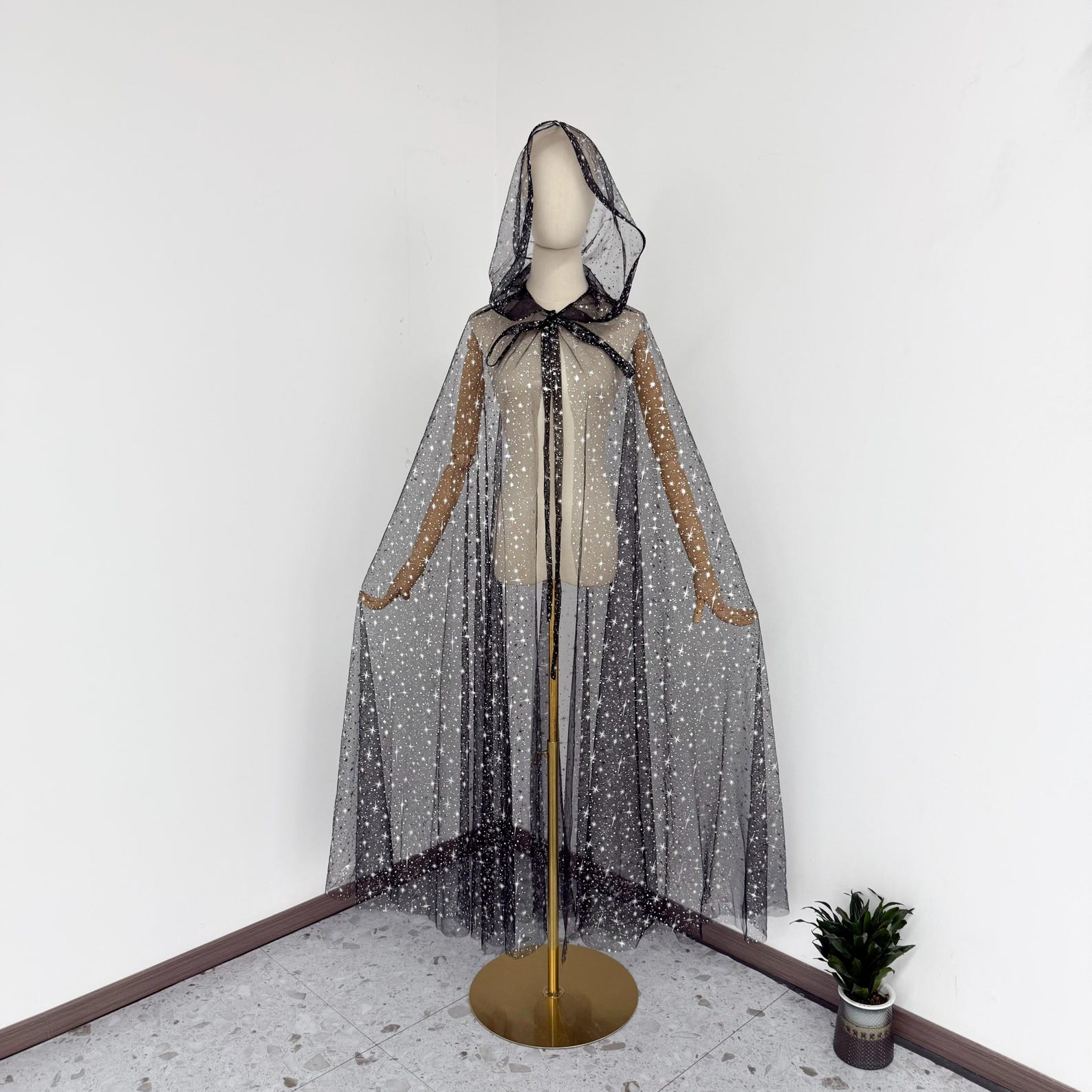 Black Sparkling Starry Hooded Cloak, Glittering Sliver Star Cape, Black ...