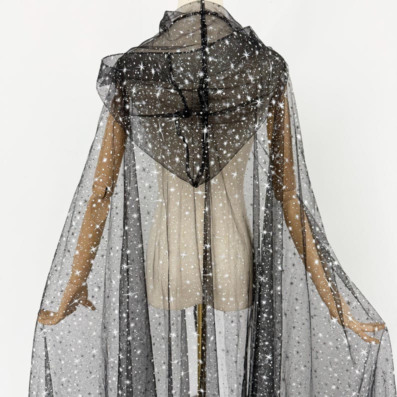Black Sparkling Starry Hooded Cloak, Glittering Sliver Star Cape, Black ...