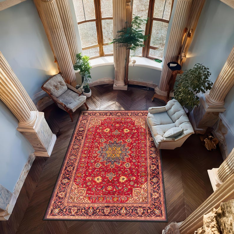 Classic Red Oriental Rug for Living Room, Turkish Medallion Pattern ...