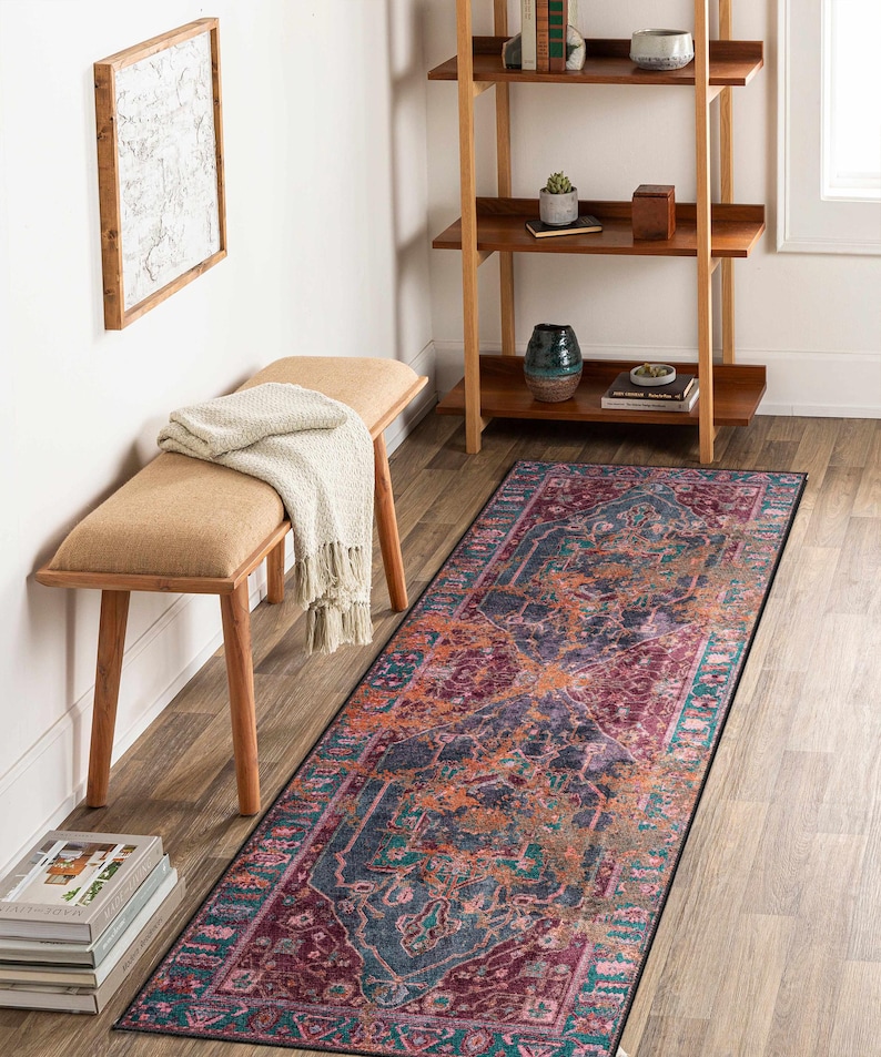 Large Distressed Oriental Area Rug, Purple, Rust, Emerald Green - Etsy UK