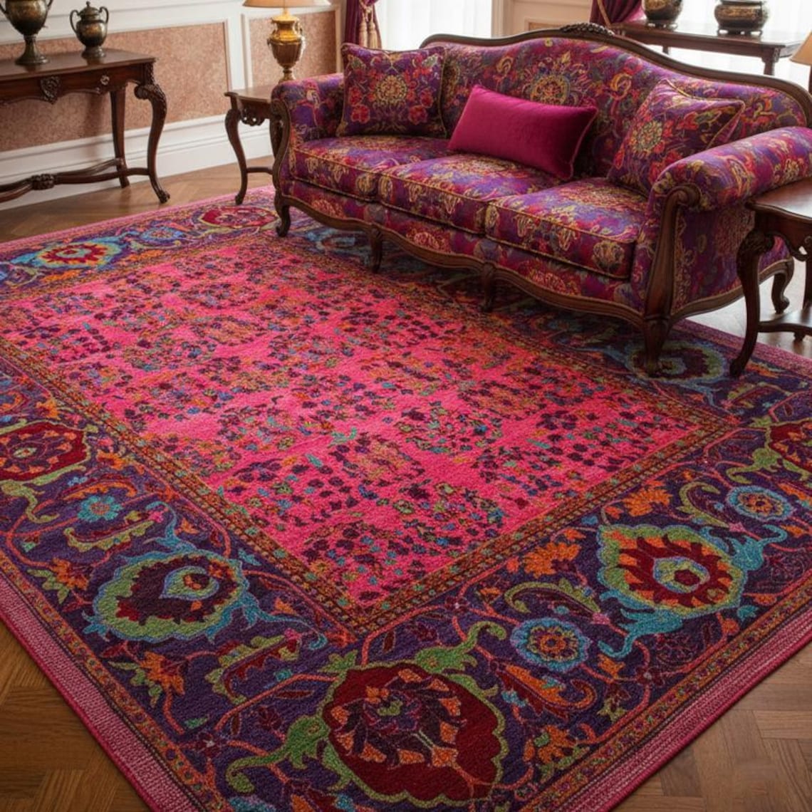 Bright Pink Magenta Rug, Eclectic Boho Living Room Statement Rug - KL ...
