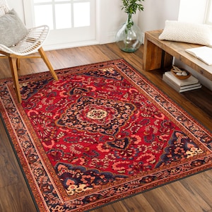 Classic Red Oriental Rug, Handwoven Texture Turkish Rug, Machine ...
