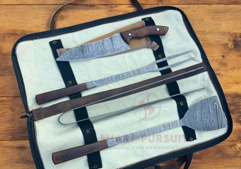 Hand Forged Damascus BBQ Grill Set| Fork| Spatula| Tong| Chef Knife ...
