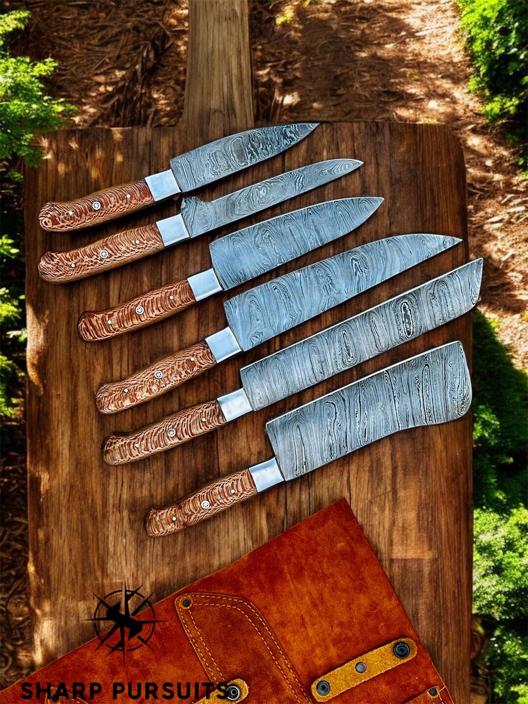 Hand Forged Damascus Knife Set With Leather Roll – High Carbon Steel ...