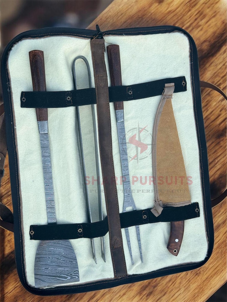 Hand Forged Damascus BBQ Grill Set| Fork| Spatula| Tong| Chef Knife ...