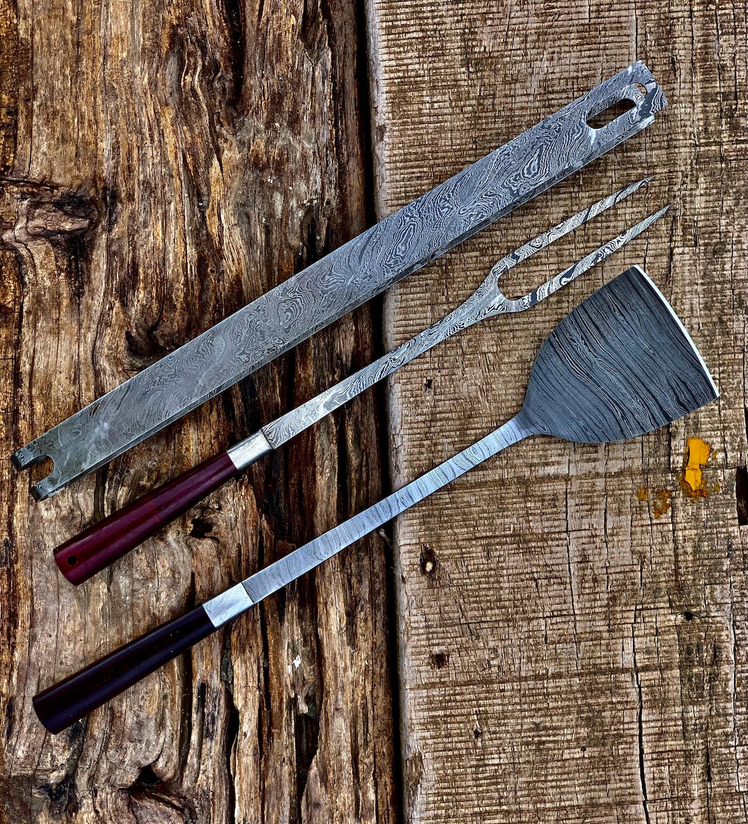 Hand Forged Damascus BBQ Grill Set| Fork| Spatula| Tong| Chef Knife ...