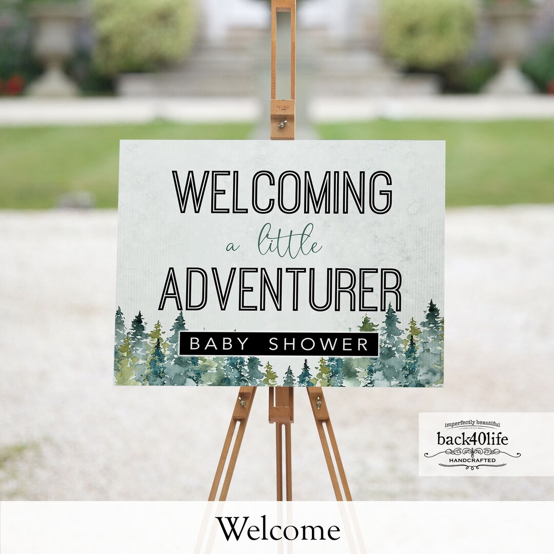 Baby Shower Sign - Little Adventurer Forest Trees - Welcome Directional ...