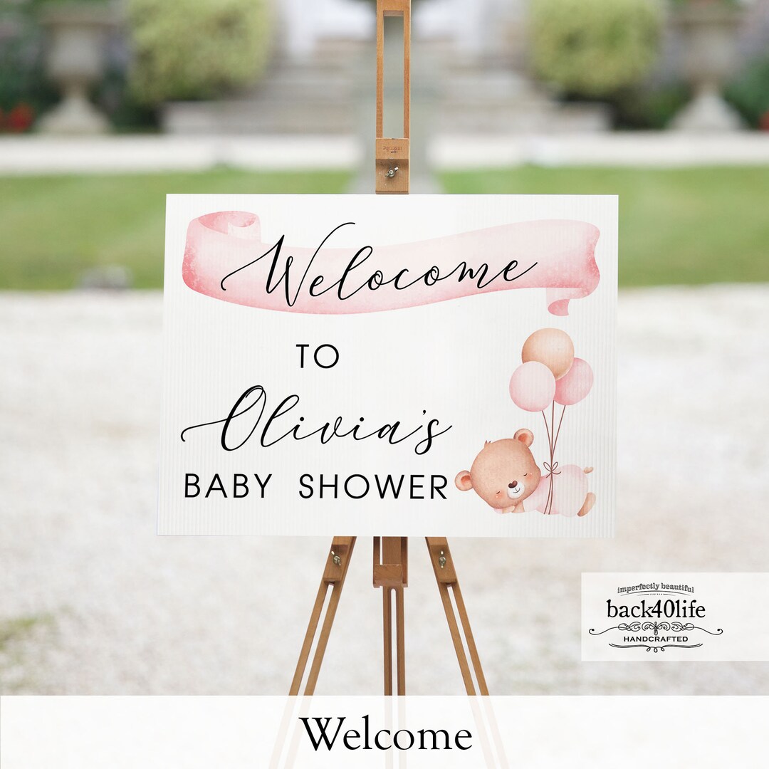 Baby Shower Sign - Pink Baby Bear - Welcome Directional Parking Event ...