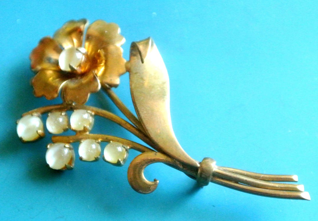 Antique Swedish Brass Flower Brooch: Moonglow Glass Cabochons - Etsy
