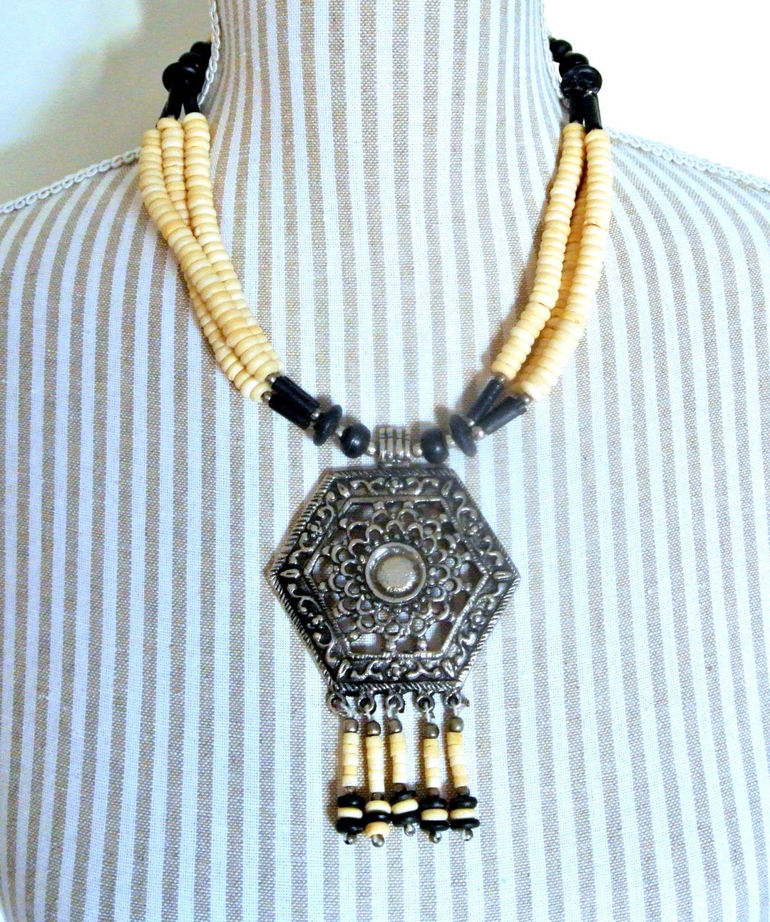 Vintage Tribal Bone Bead Necklace: Handmade Silvercolor Pendant - Etsy