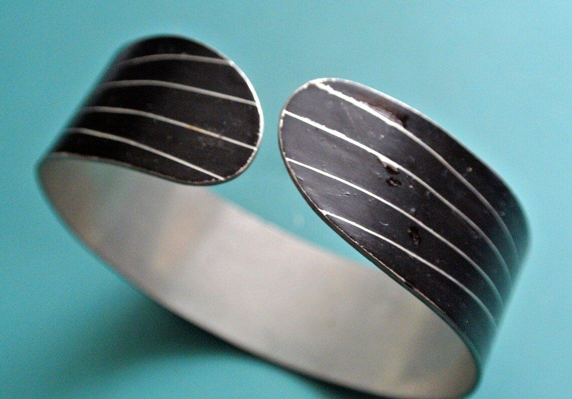 Vintage 1960s Swedish Pewter Bangle: Handcrafted Black Abstract Decor ...