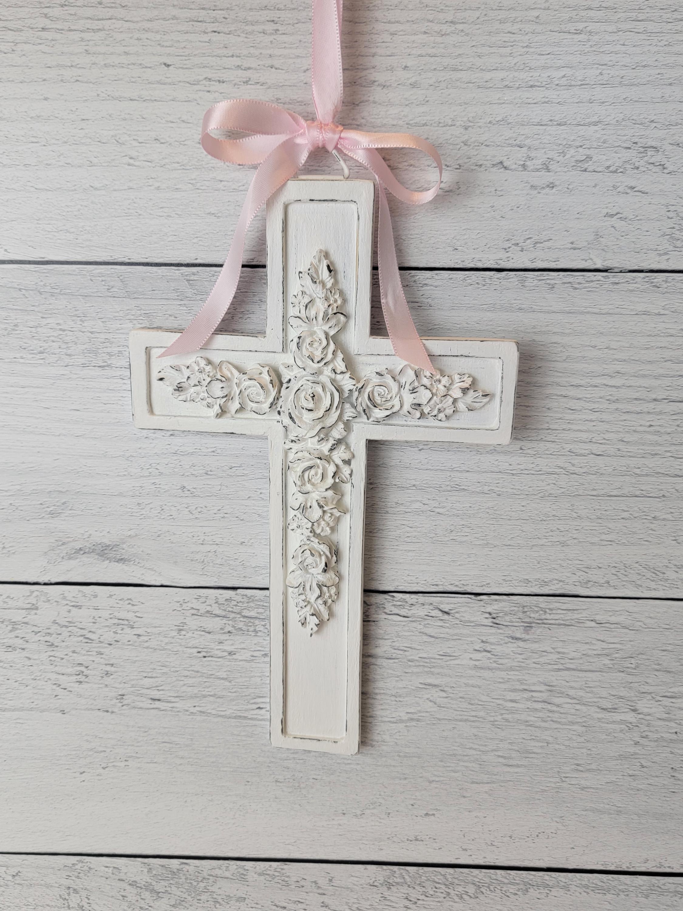 White Wooden Easter CROSS With Resin Shabby ROSES, Distressed, Cottage ...