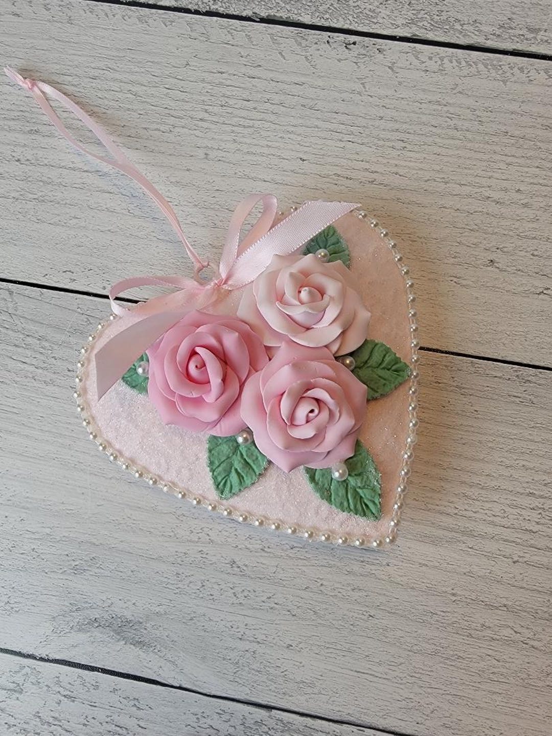 PINK Metal Heart Christmas Ornament With PINK Shabby Clay Roses ...