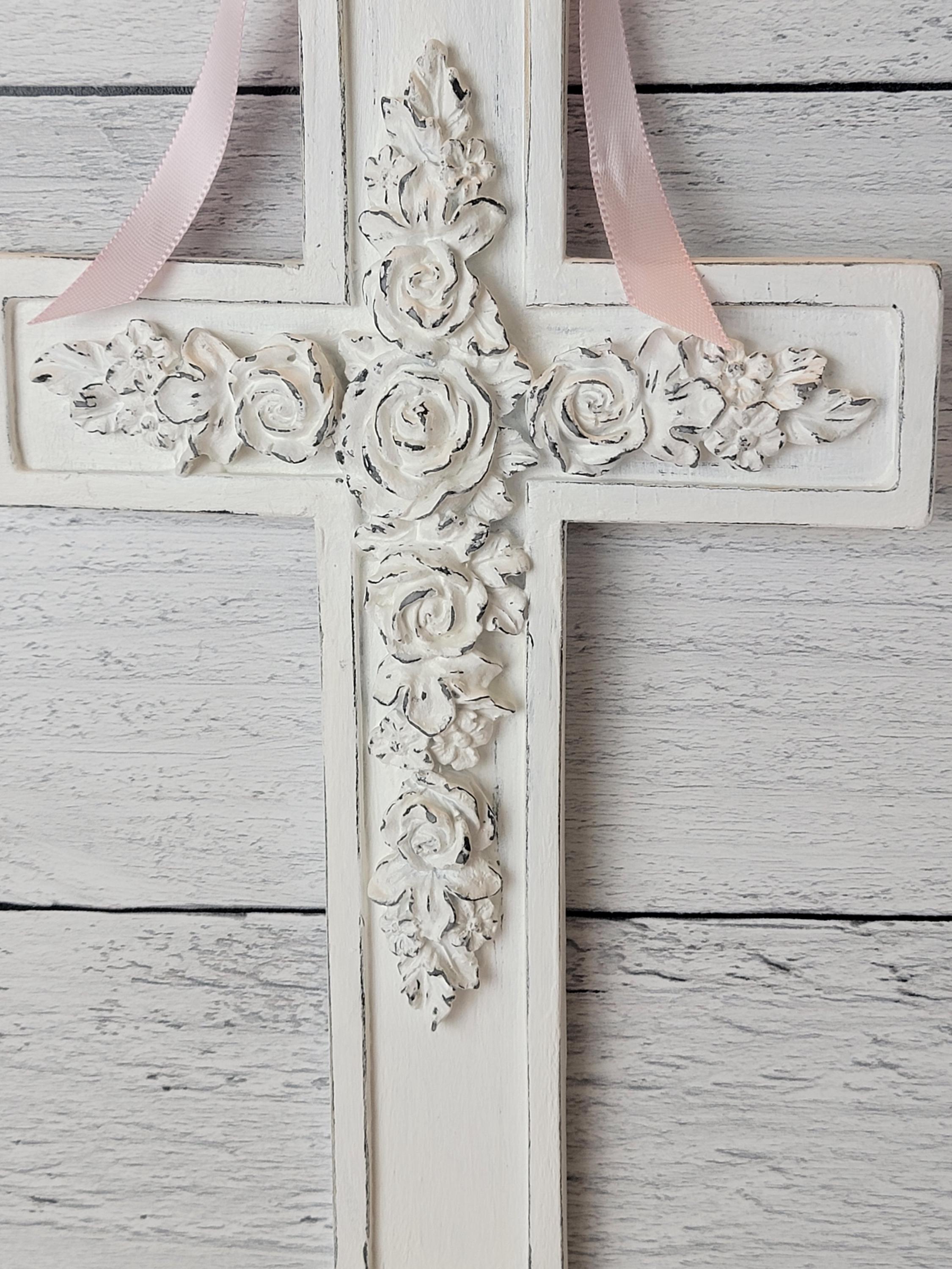 White Wooden Easter CROSS With Resin Shabby ROSES, Distressed, Cottage ...