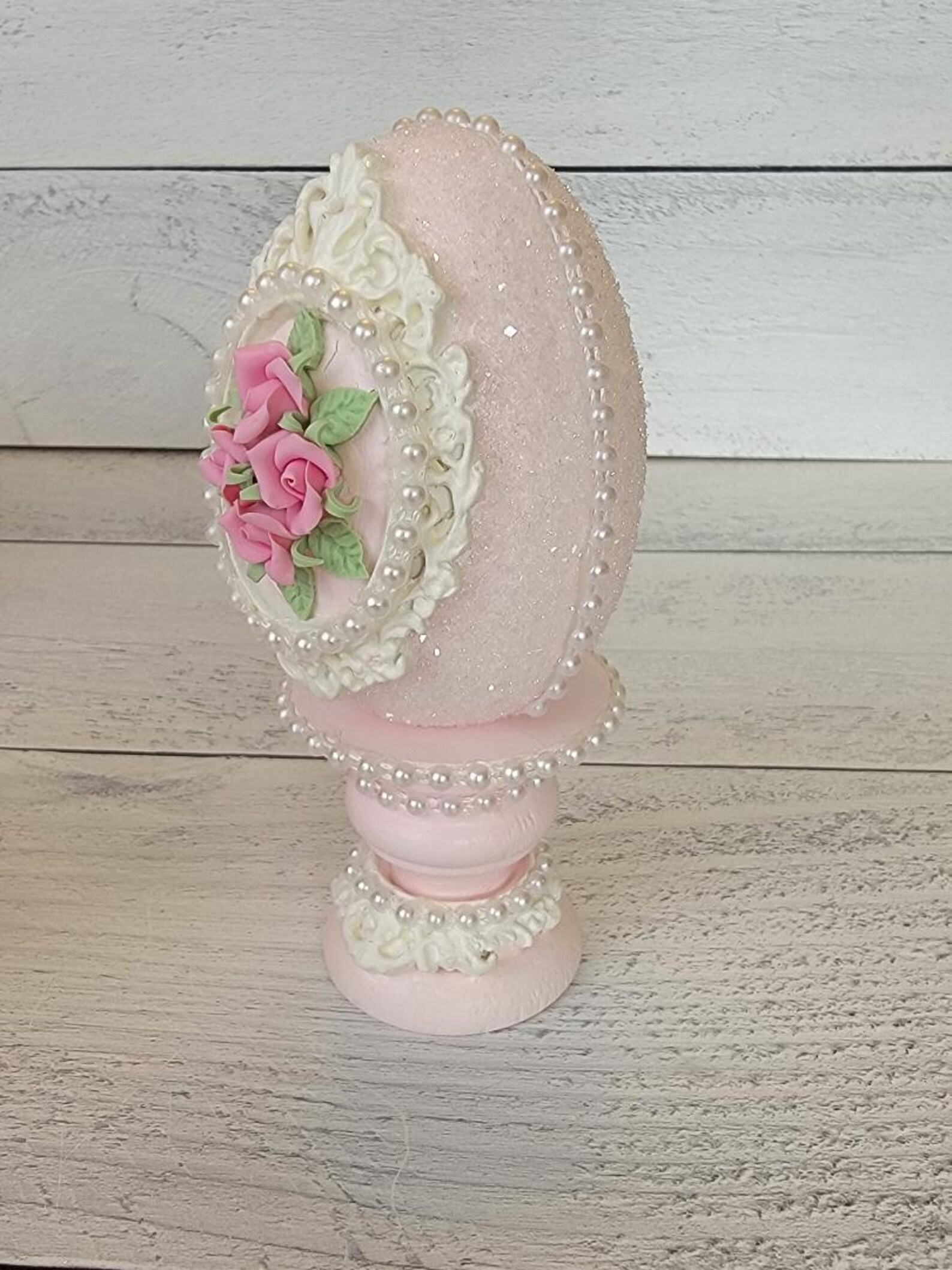Wood Easter Egg and Pedestal riser / Stand Handmade Shabby PINK Clay ...