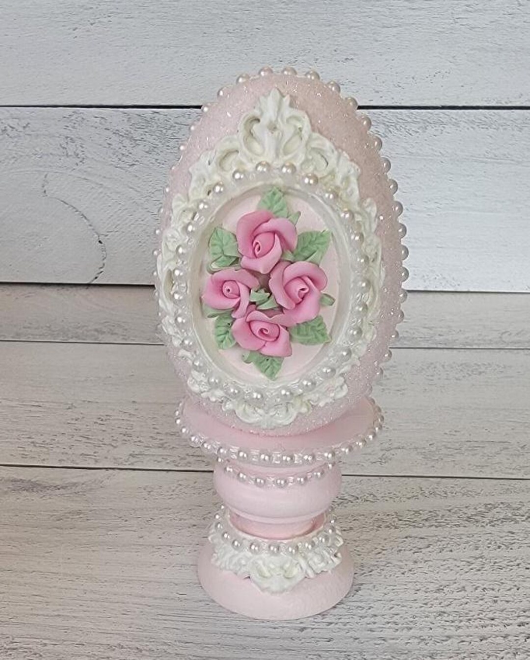 Wood Easter Egg and Pedestal riser / Stand Handmade Shabby PINK Clay ...