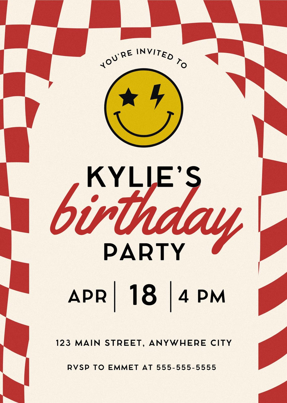 Cool Vibes Checkerboard & Smiley Face Birthday Invitation Editable ...