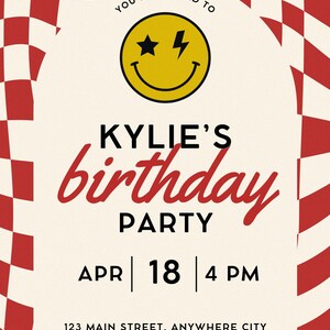 Cool Vibes Checkerboard & Smiley Face Birthday Invitation Editable ...
