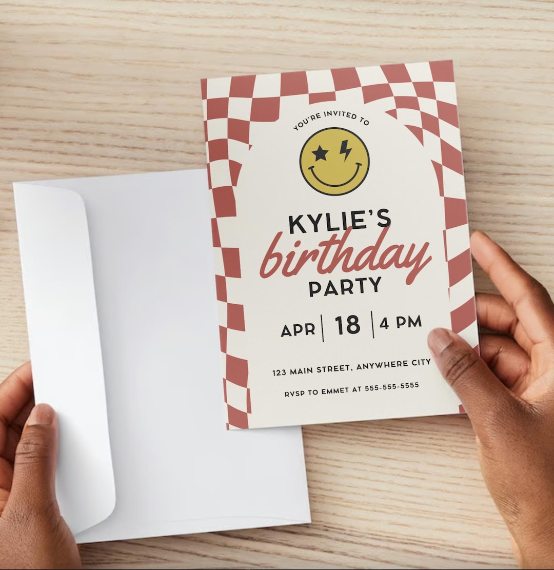 Cool Vibes Checkerboard & Smiley Face Birthday Invitation Editable ...