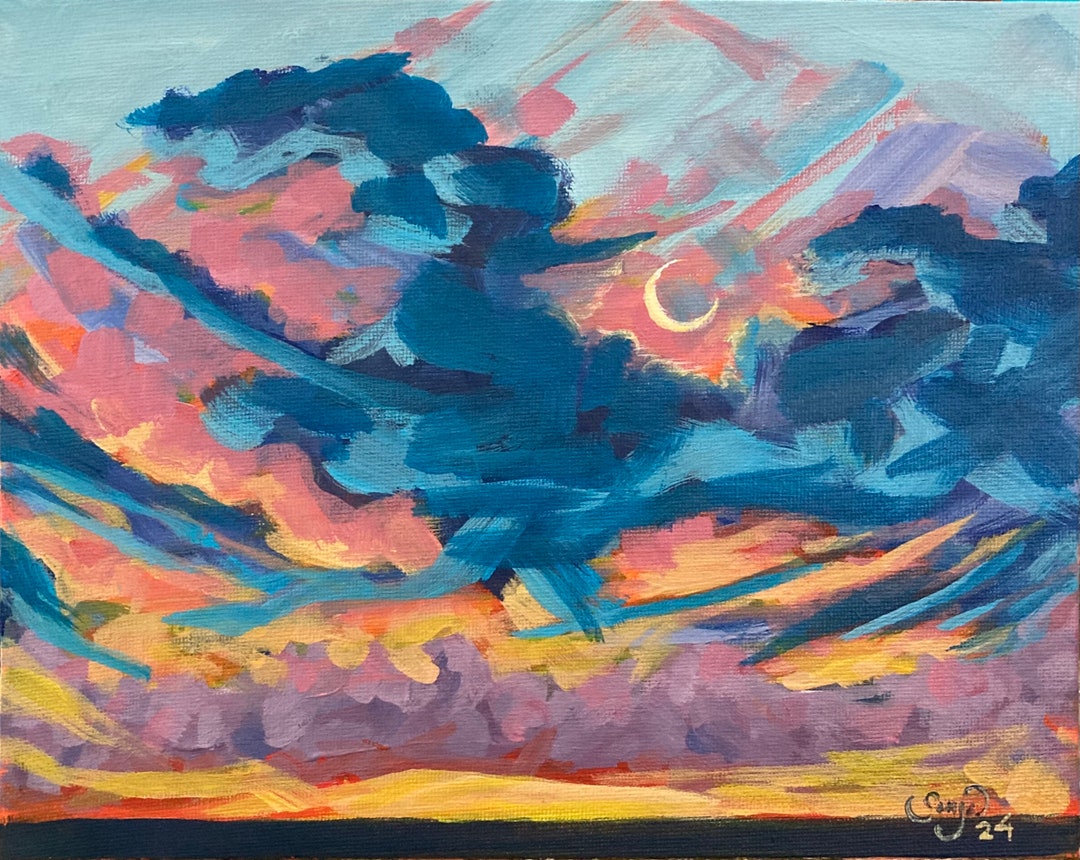 Sherbet Moon Acrylic Painting, Sunset Sky Wall Art (10x8) - Etsy