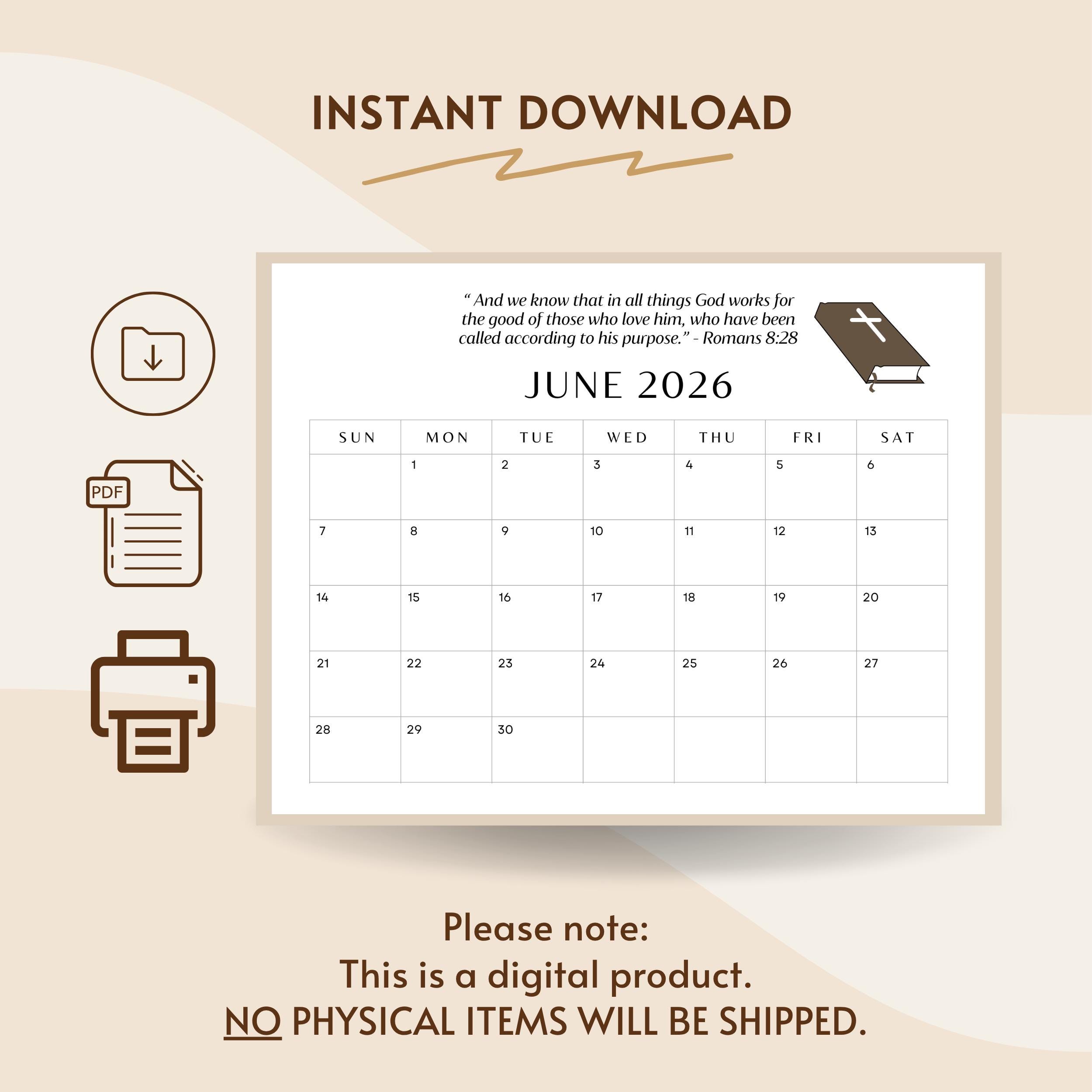 Printable Christian Calendar 2026 Monthly Calendar With Bible Verses ...