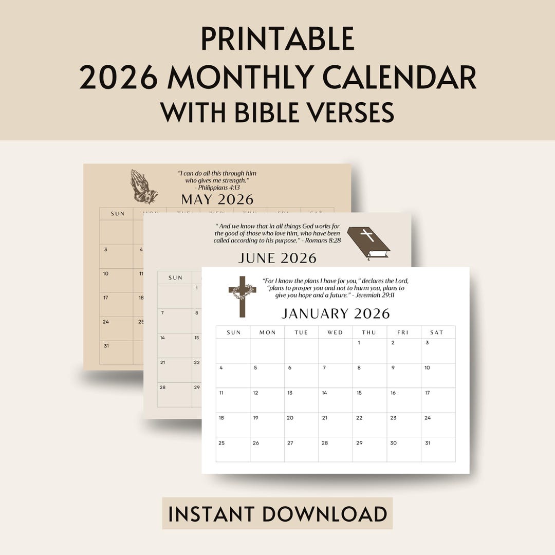 Printable Christian Calendar 2026 Monthly Calendar With Bible Verses ...