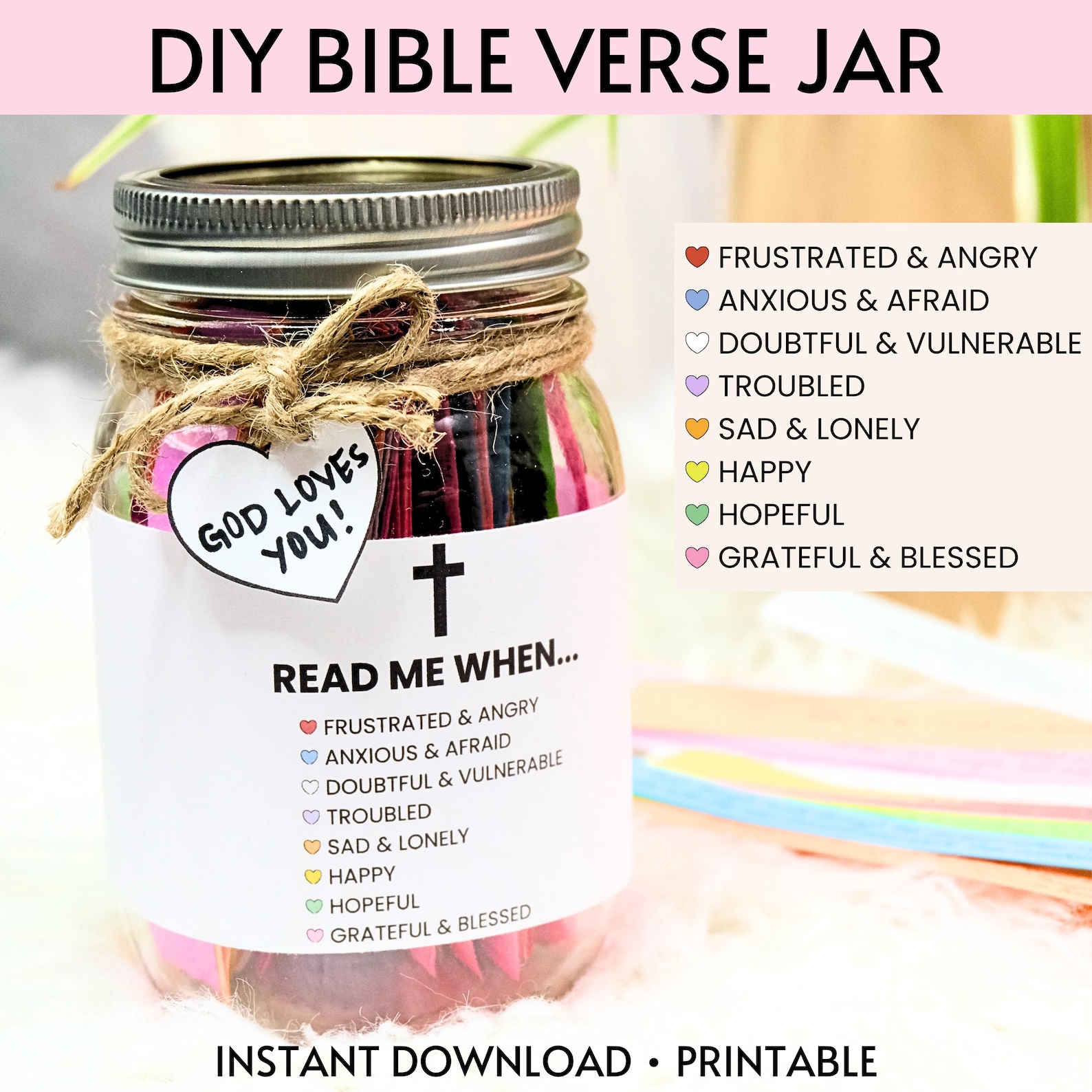 DIY Bible Verse Jar Printable Bible Verses for Feelings, Scripture Jar ...