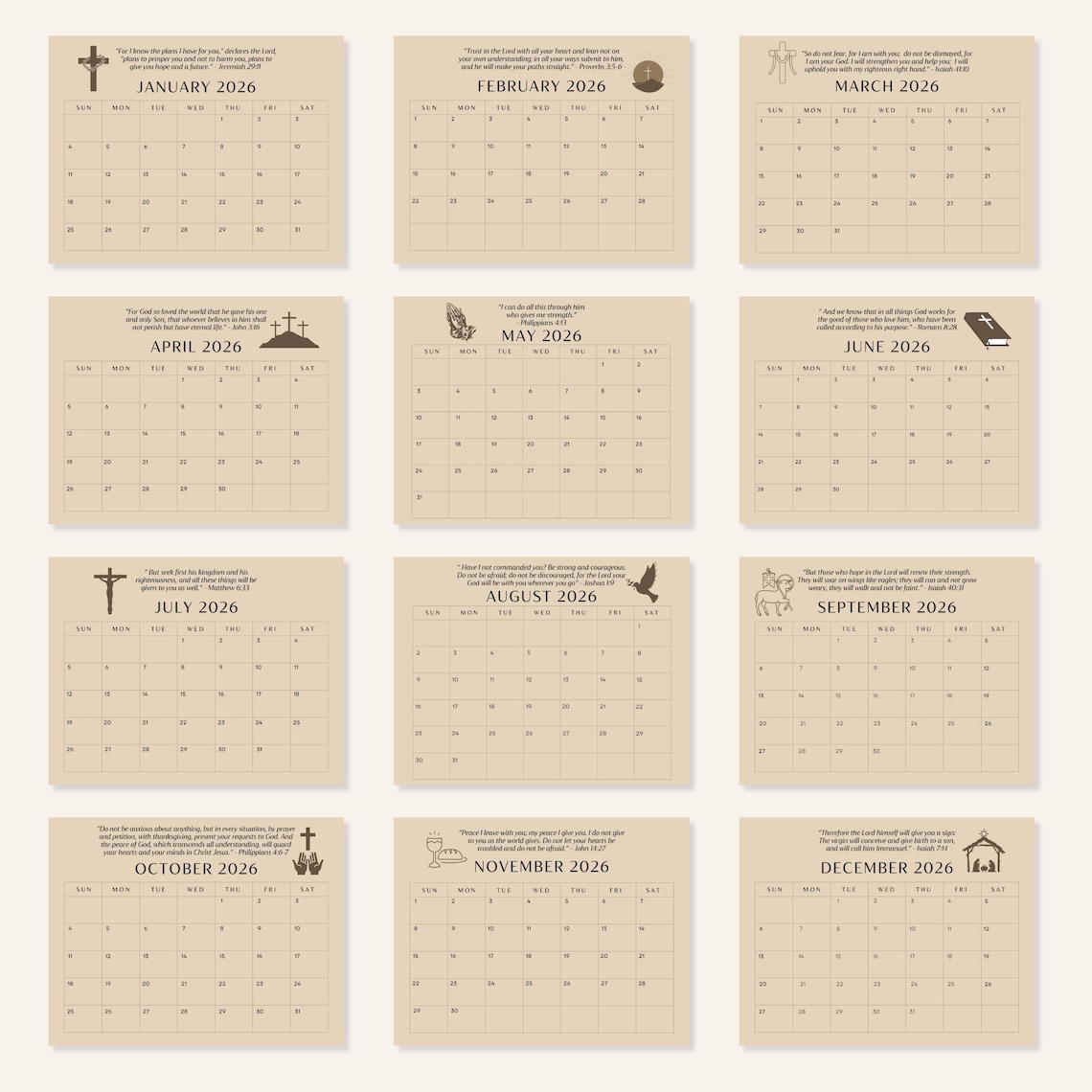 Printable Christian Calendar 2026 Monthly Calendar With Bible Verses ...