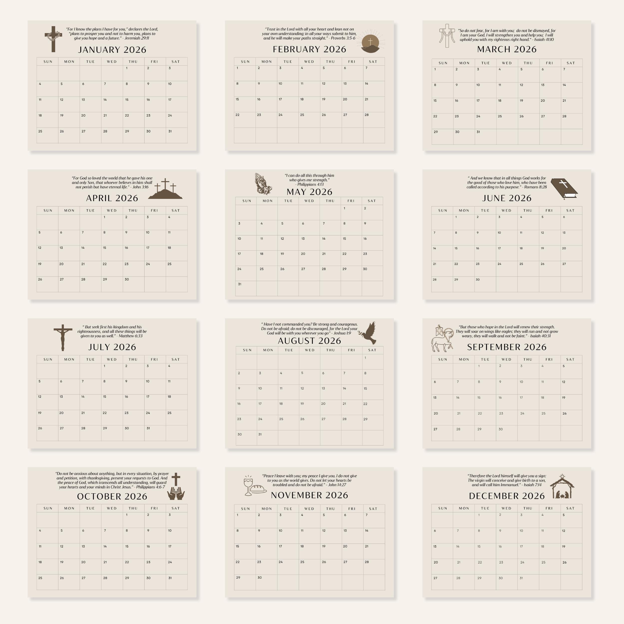 Printable Christian Calendar 2026 Monthly Calendar With Bible Verses ...