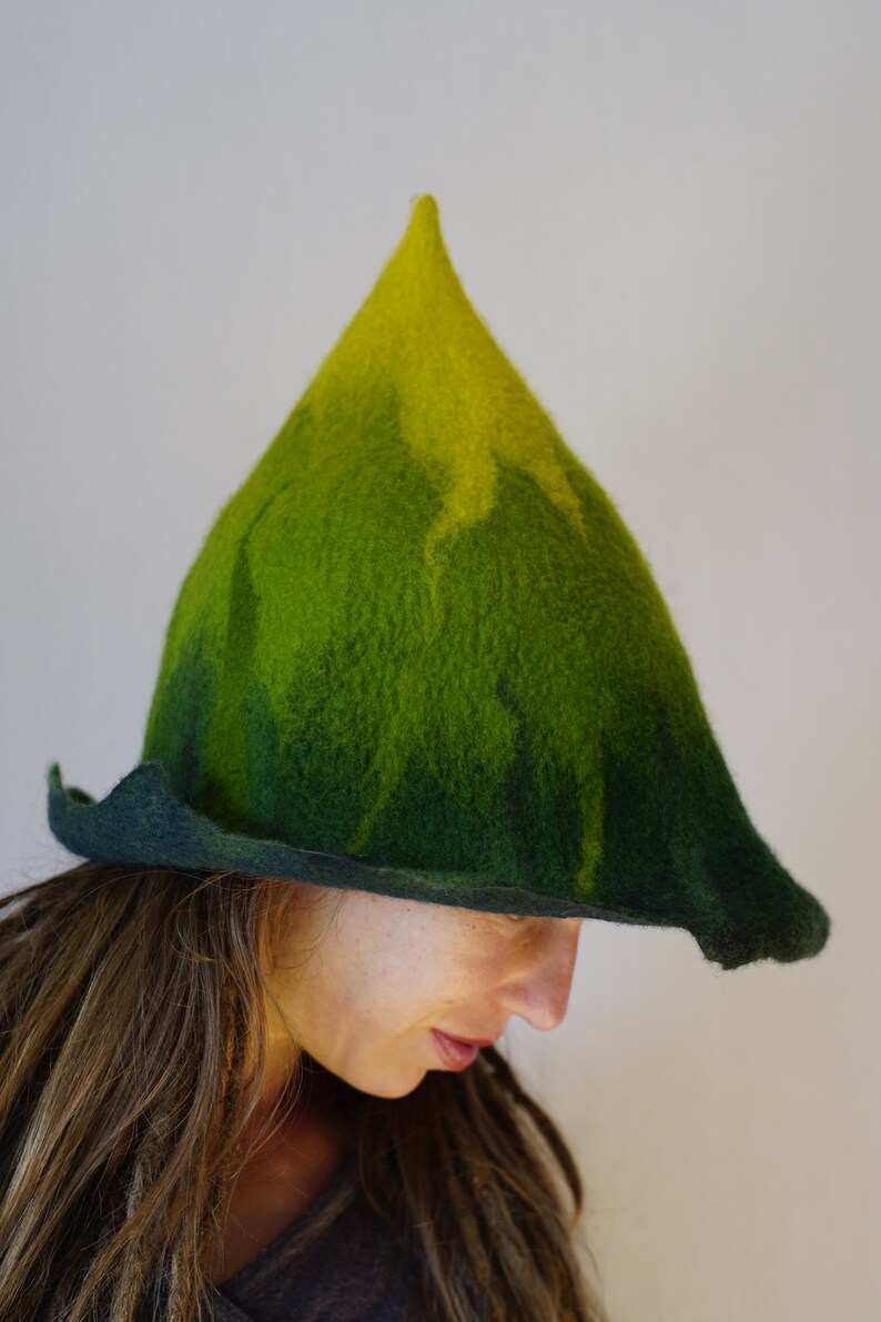 Elf hat. Handmade merino wool green colourchange felted hat. | Etsy