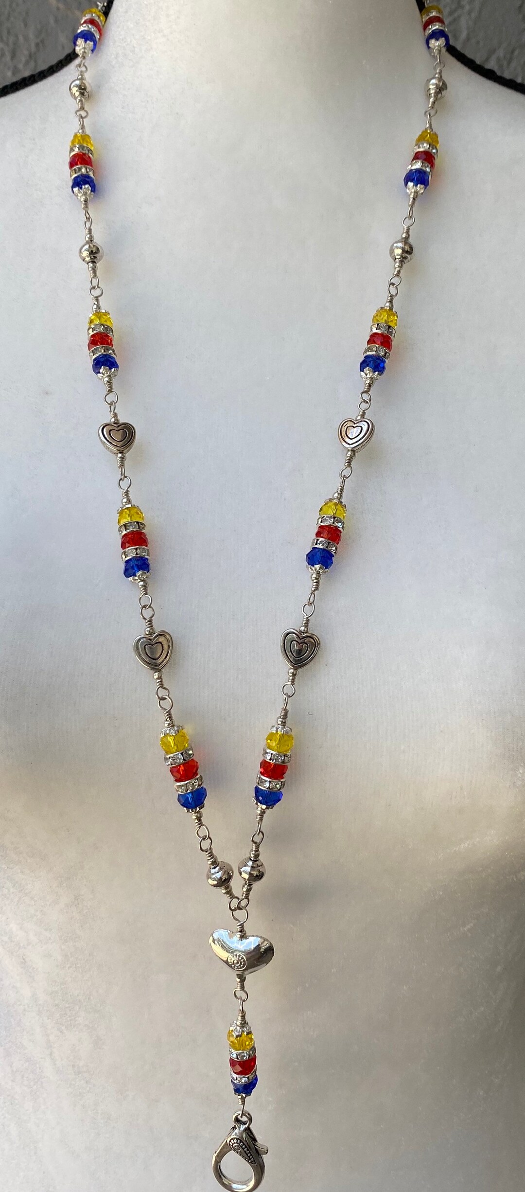 Flight Attendant Lanyard, Badge Holder Clear Red, Yellow and Blue Beads ...