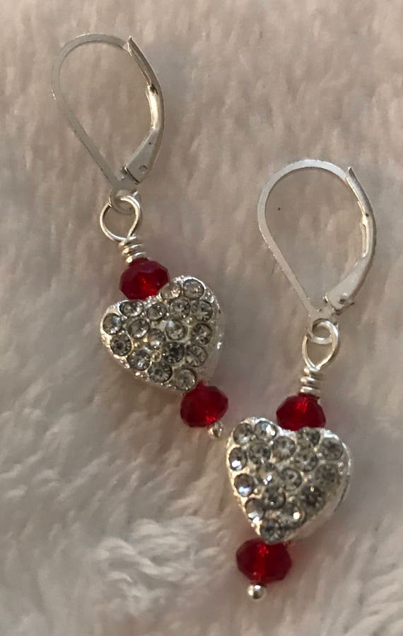 Red Crystal Dangle with Rhinstone Heart Drop Earrings | Etsy