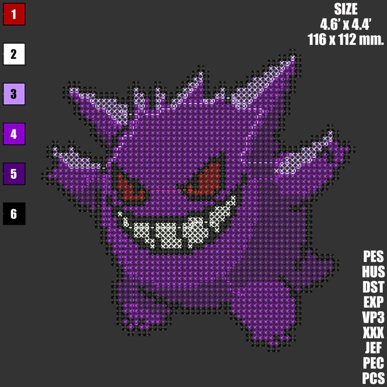 Gengar Embroidery Design File, Pokemon Anime Cartoon Machine Embroidery ...
