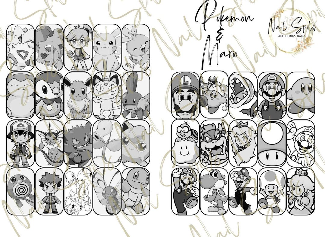 Digital Nail Art Template, Pokeman, Mario, Nail Art, Practice Nail Art ...