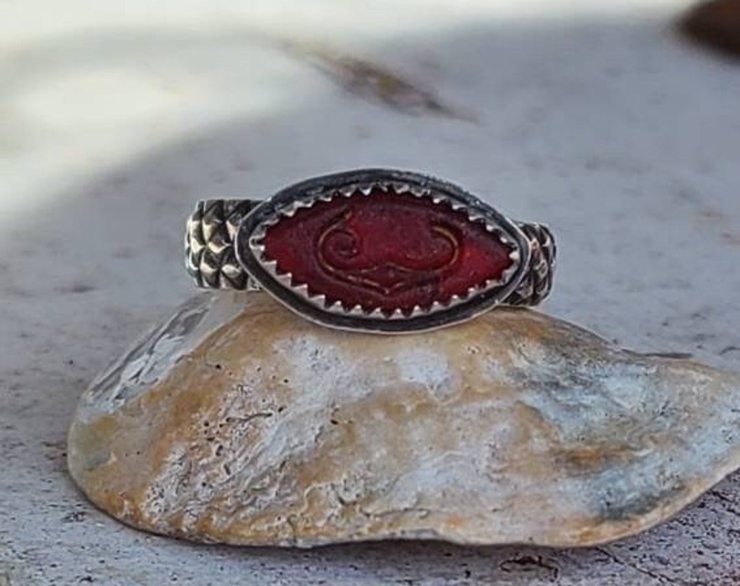 Rare Spanish Red Sea Glass Button Handcrafted Custom Silver Twist Band ...