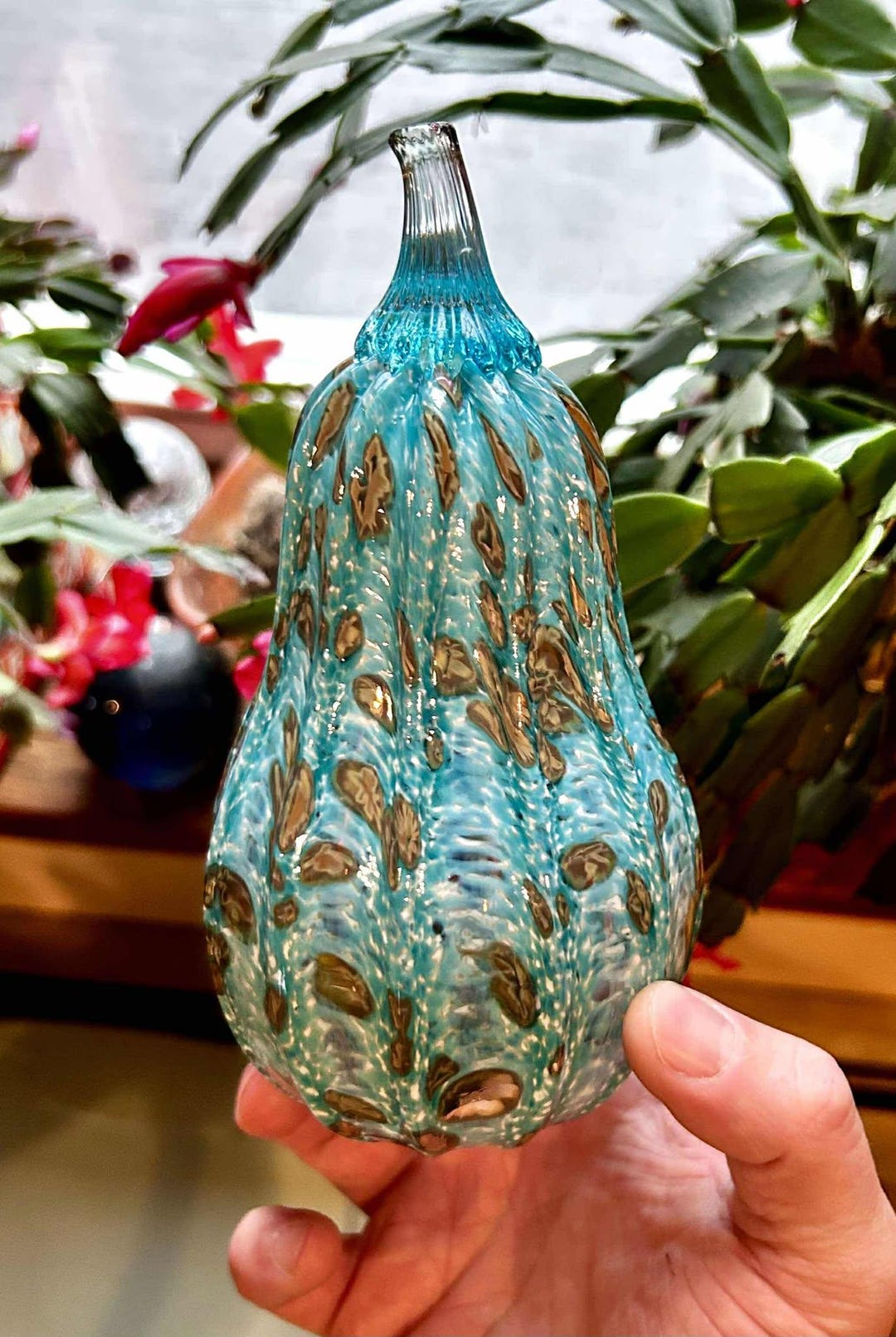 Aqua Chrome Hand Blown Glass Gourd: Holiday Centerpiece - Etsy