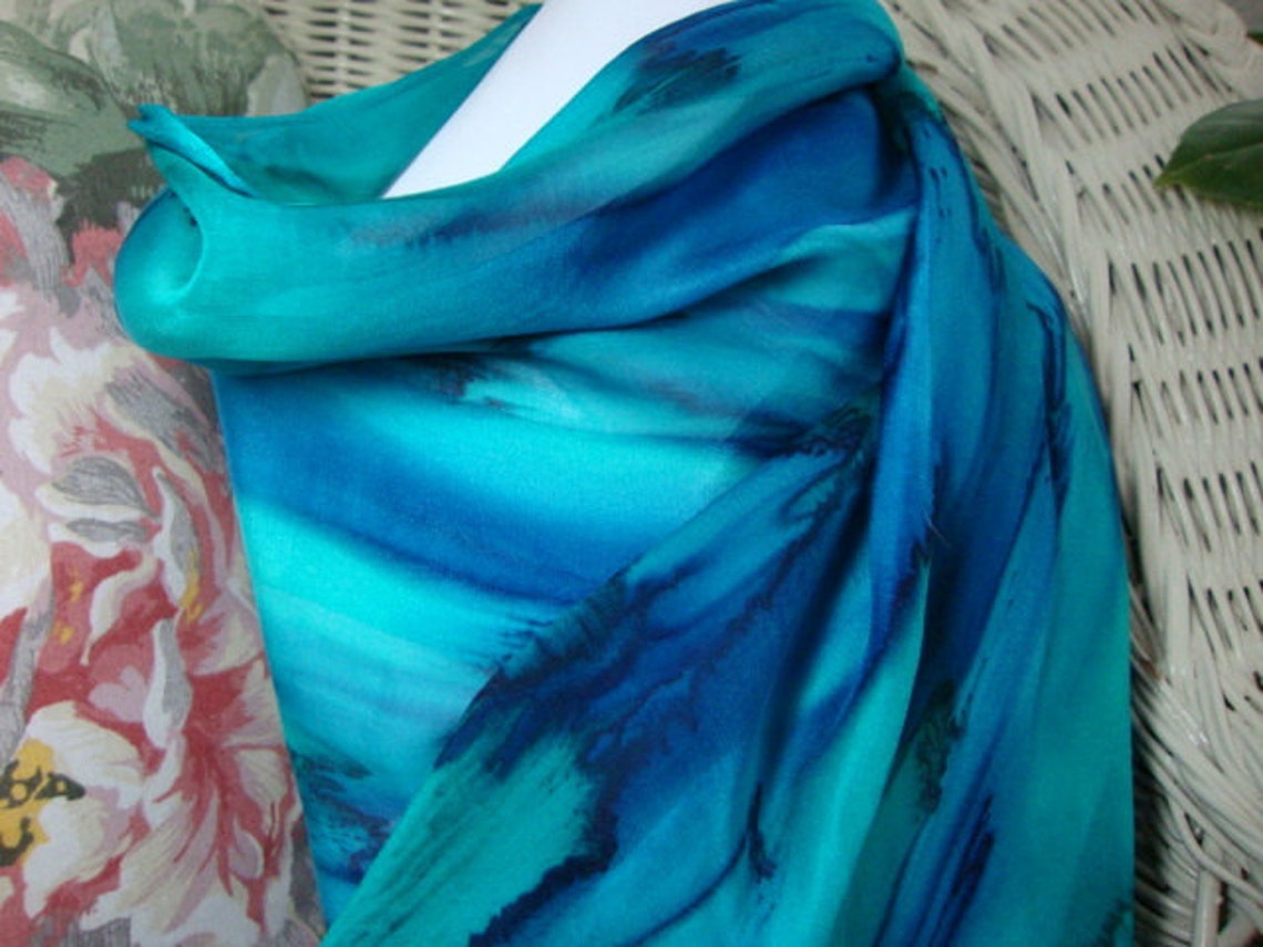 Scarf, Silk, Women, Hand Painted, Deep Ocean Blue With Teal Silk Scarf ...