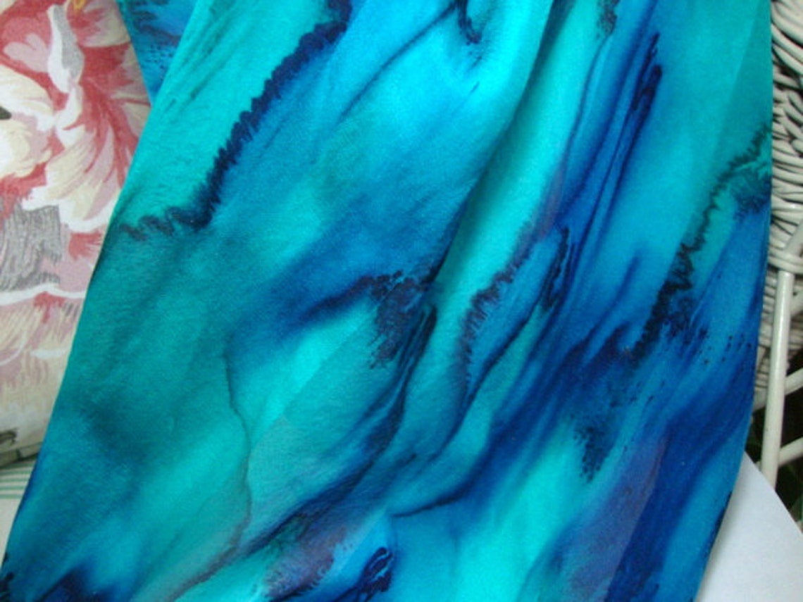 Scarf, Silk, Women, Hand Painted, Deep Ocean Blue With Teal Silk Scarf ...