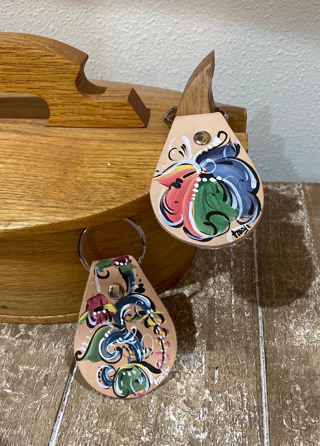 Norwegian Rosemaled Leather Keychain Ready to Ship - Etsy