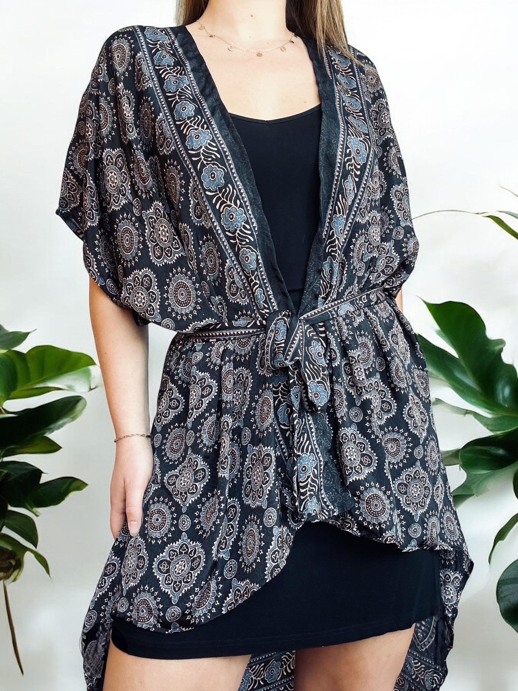 Silk Printed Hi-low Kimono, Long Silk Robes for Women, Short Flowy ...